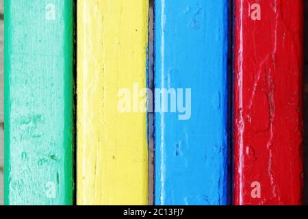 Creative colorful street park wooden bench painted in bright colors ...