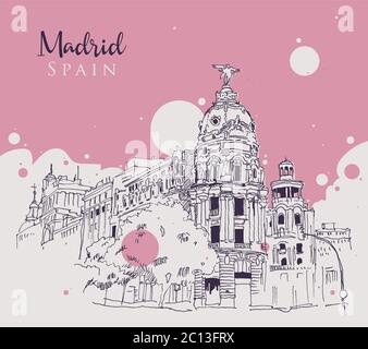 Madrid, Spain famous Travel Sketch. Lineart drawing by hand. Greeting ...