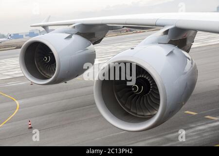 JET ENGINES AND WING OF AN AIRBUS A380 BELONGING TO EMIRATES AIRLINE ON ...