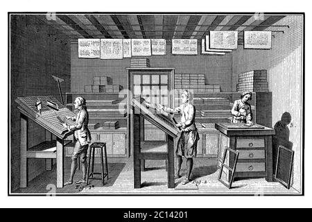 18th century illustration of a composing room, where is the preparation ...