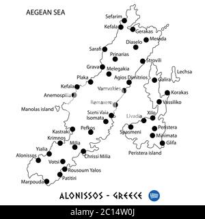 island of alonissos in greece white map and blue background ...