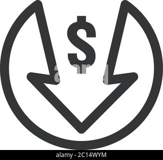 dollar arrow decrease icon. Money arrow symbol. economy stretching rising drop fall down ...
