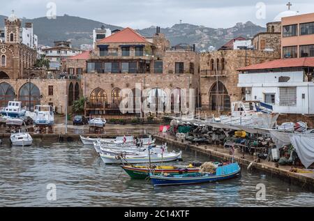Port and Saint Stephen cathedral in Batroun city in northern Lebanon ...
