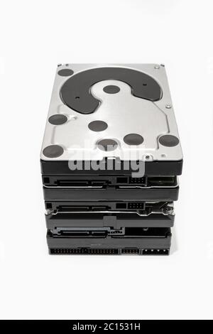 Pile of Hard disk drive HDD isolated on white background. Computer ...