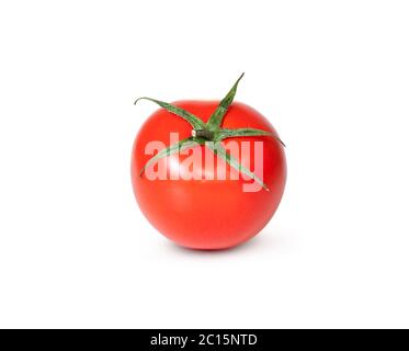 Vibrant red tomato with green stem resting on weathered wooden planks ...