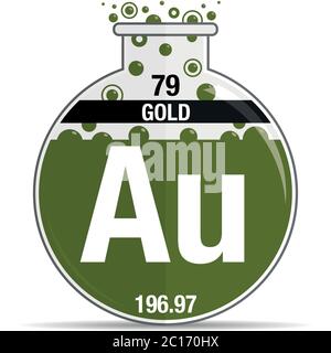 Gold symbol on chemical flask. Element number 79 of the Periodic Table ...