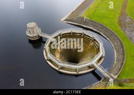 Aerial view of bellmouth spillway at Whiteadder reservoir in East ...