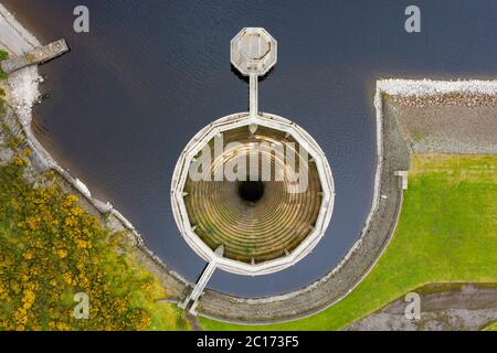 Aerial view of bellmouth spillway at Whiteadder reservoir in East ...