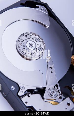 Macro of an open computer hard drive with the read write head Stock ...