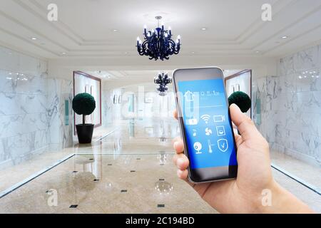 smart phone with smart home with modern corridor Stock Photo - Alamy