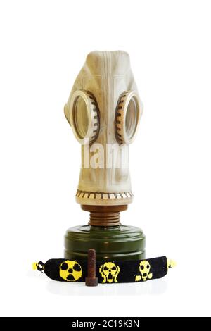 trophy stalker old Russian gas mask and yellow-black baubles on a white ...