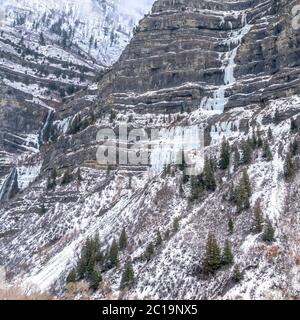 Square Snowy Provo Canyon mountain in winter overlooking the valley and ...