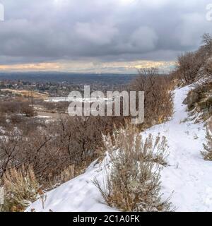 Square Snowy Provo Canyon mountain in winter overlooking the valley and ...