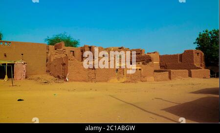 Aerial view of Agadez Niger Africa Tower at center left is mosque town ...