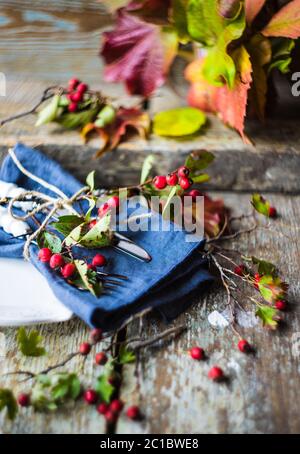Autumnal table setting with bright red and orange wild berries on ...