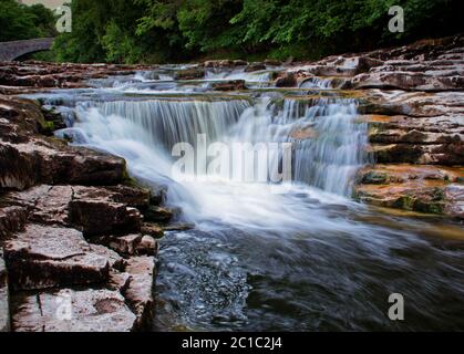 The three tiers of Stainforth Force waterfalls in the Yorkshire Dales ...