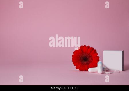 menstrual sanitary cotton tampons, box for tampons and red flower on ...