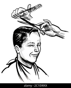 Barber and his client. Ink black and white drawing Stock Photo - Alamy