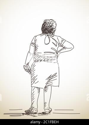 Standing back view of fat woman. Curvy girl in standing position vector ...