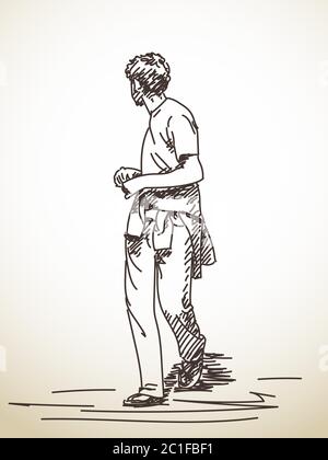 Sketch of walking man back view Hand drawn Vector illustration Stock ...
