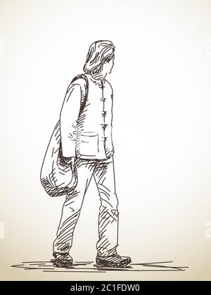 Sketch of walking man back view Hand drawn Vector illustration Stock ...