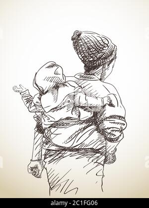 Sketch of woman carries baby on her back, Hand drawn illustration Stock ...