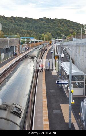 Stow railway station on the Borders railway, Scotland, UK. A Scotrail ...