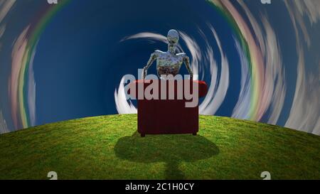 Surreal scene. Rusted alien robot sits in red armchair before cloudy ...