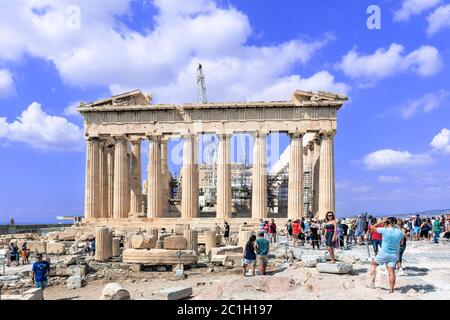 Tourists visiting the Parthenon temple on ruins Athenian Acropolis, Athens, Greece, Europe, 1968 ...
