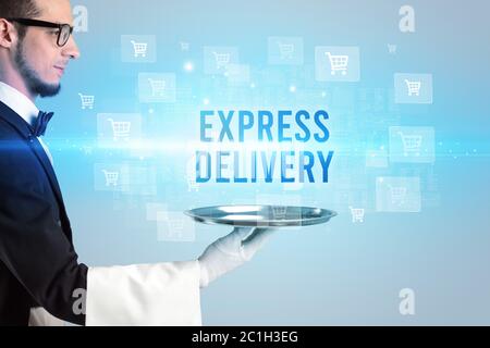 Waiter serving EXPRESS DELIVERY inscription, online shopping concept ...