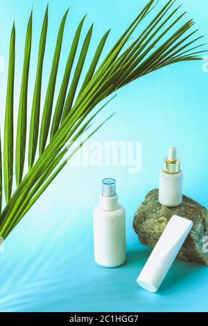 Cosmetic skin care products with palm leaf on pastel beige background ...