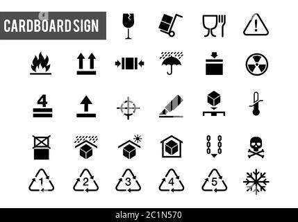 collection of warning signs on cardboard boxes or packaging of goods ...