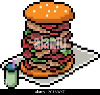 Pixel burger icon set isolated on white background. 8-bit cheeseburger ...