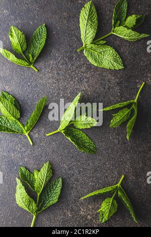 Top view, fresh mint on wooden board over white wooden background. Copy ...