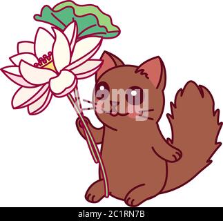 Cute cartoon Cat with flower. Vector illustration of animal on blue ...