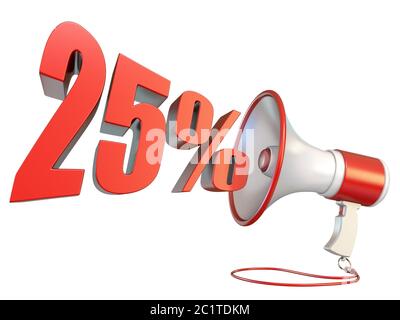 25 percent sign and megaphone 3D rendering illustration isolated on ...