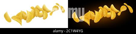 Falling potato chips on a yellow background. Copy space Stock Photo - Alamy