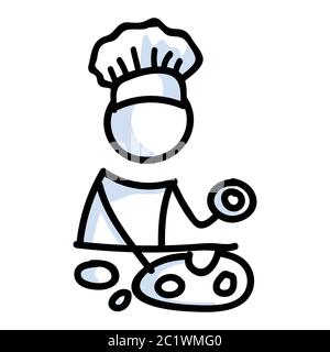 Cute stick figure chef baker making cookies lineart icon. Dinner ...