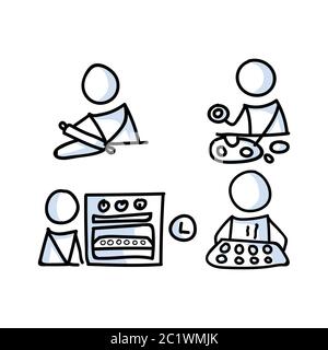 Cute stick figure chef baker using oven lineart icon. Dinner ...