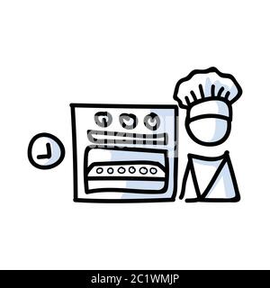 Cute stick figure baker using oven lineart icon. Dinner preparation ...