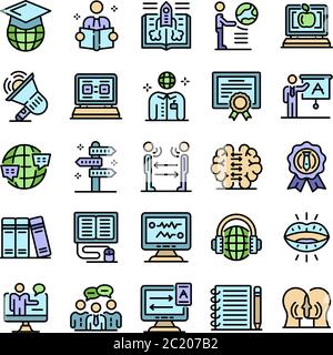 Foreign language learning color icons set. Teacher, courses, world ...
