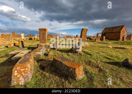 Tombstones known as Kahchkars in the historical cemetery of Noratus in ...
