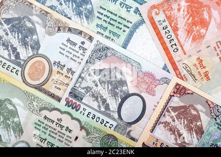 Money of Nepal. Nepalese rupee bills. NPR banknotes. 10 Rs. Business ...