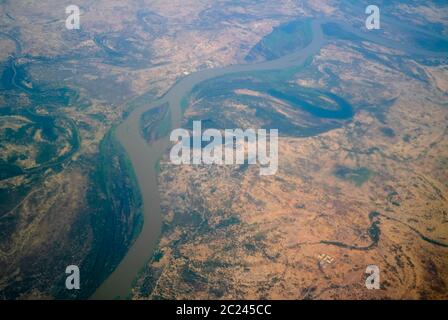 aerial aeroplane view to Chari or Shari River , border between Chad and ...