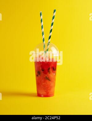 Watermelon Juice on Plastic Cup, Fresh Drink To Go. Concept. Copy Space ...