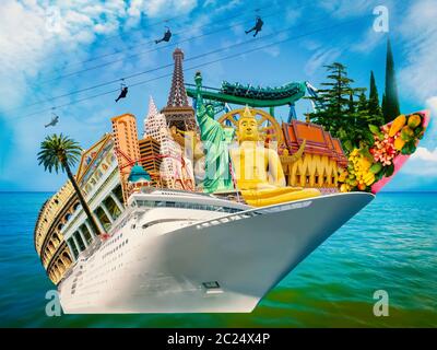 Collage about abstract cruise ship and sport activity. Happy cruise and ...