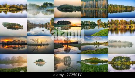 A collection of photos of rivers with a reflection of the coast. Set ...