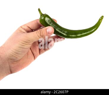 green chilli peppers in male hand. on a white Stock Photo - Alamy