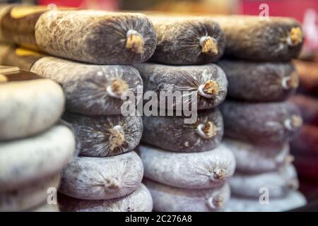 Dried salami sausages. Traditional Bulgarian dried flat salami Stock ...
