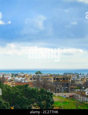 Aerial skyline of Paphos town, houses of typical architecture, Cyprus ...